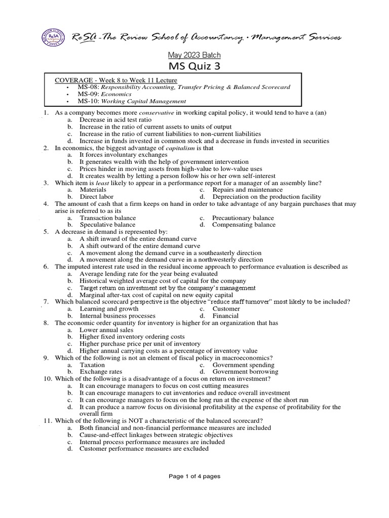 MS Quiz 3 | PDF | Inventory | Cost