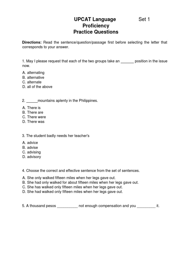UPCAT Language Proficiency Practice Questions Set 1 | PDF