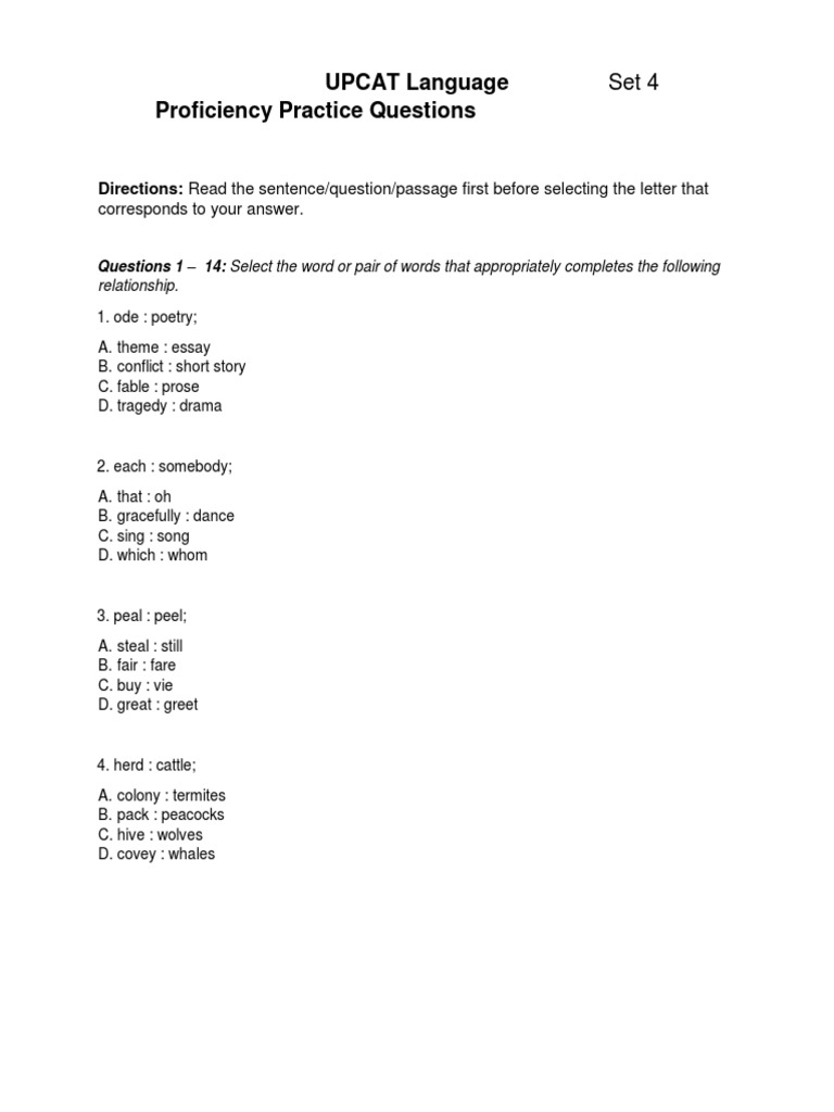 UPCAT Language Proficiency Practice Questions Set 4 | PDF