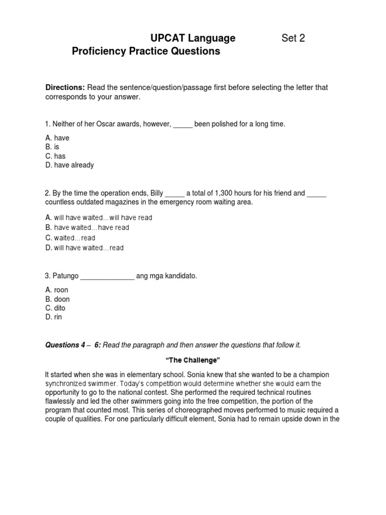 UPCAT Language Proficiency Practice Questions Set 2 | PDF