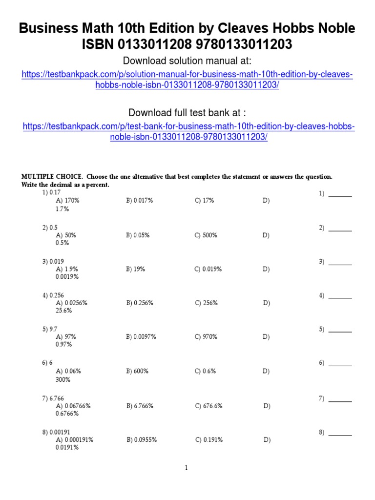 Business Math 10th Edition Cleaves Test Bank 1 | PDF