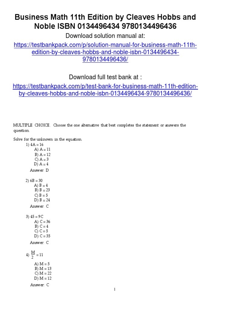Business Math 11th Edition Cleaves Test Bank 1 | PDF