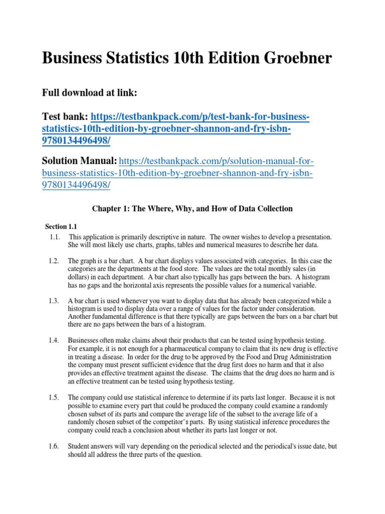 Business Statistics 10th Edition Groebner Solutions Manual 1 | PDF