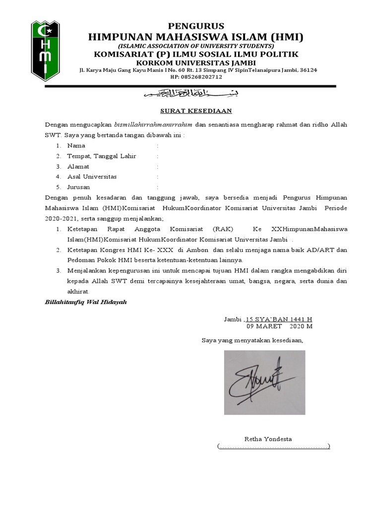 Surat Kesediaan Kepengurusan | PDF