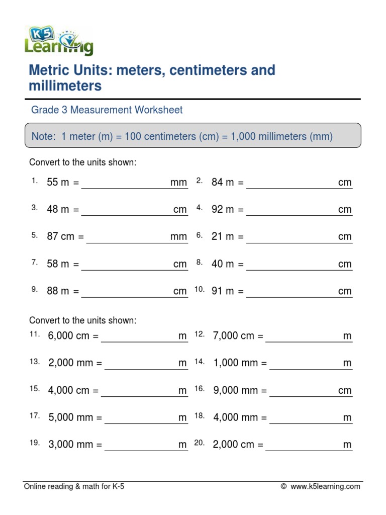 Grade 3 Measurement Worksheet - Metric Units - M, CM and mm2 | PDF