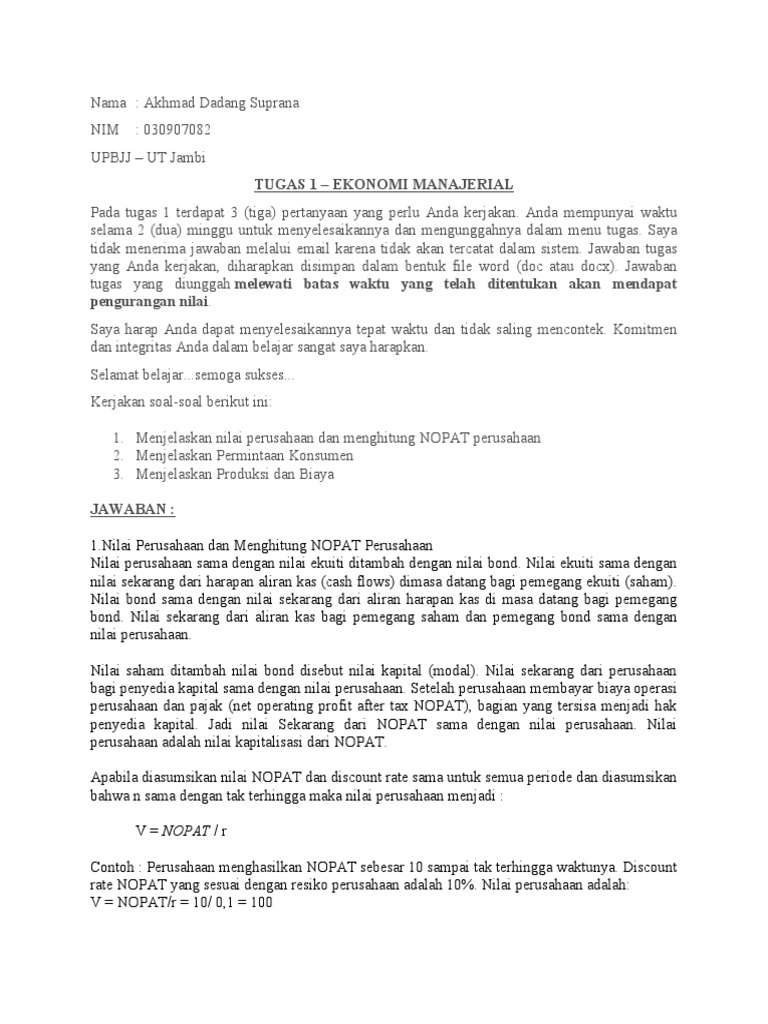 TUGAS 1 - Ekonomi Manajerial | PDF