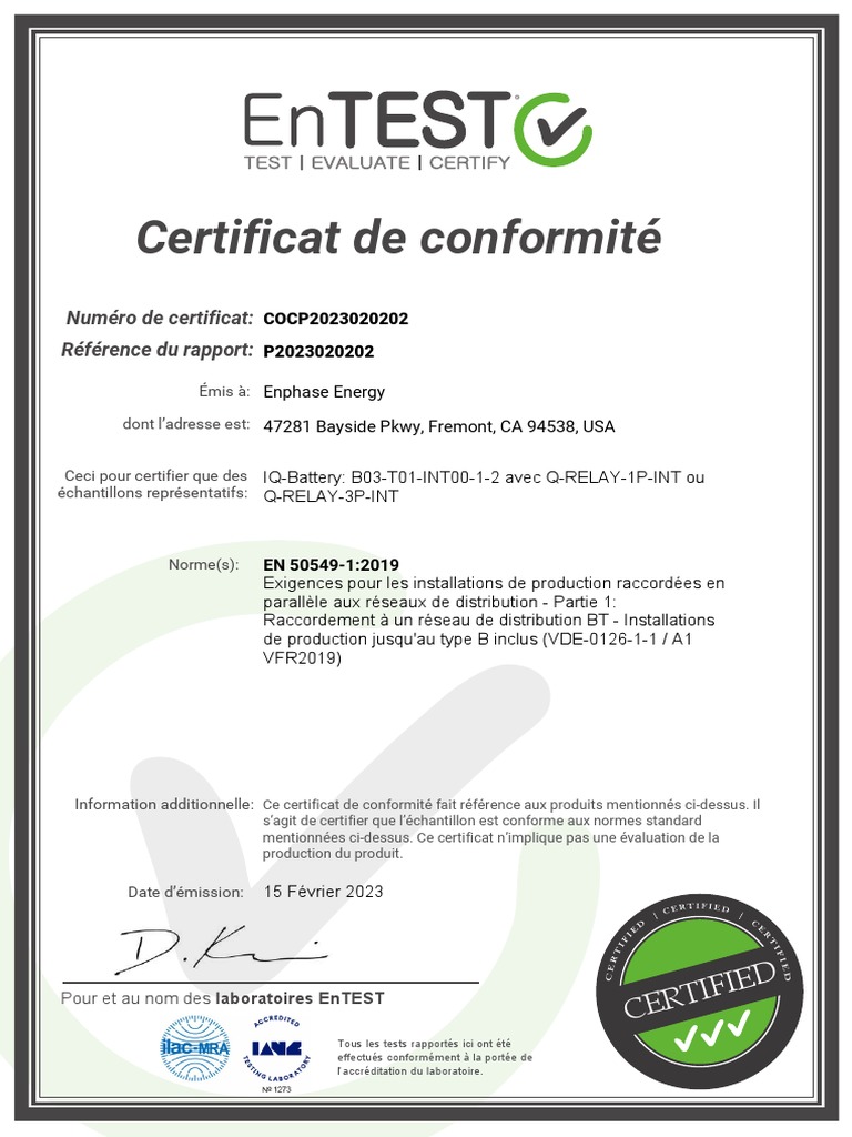 Certificat Batterie Enphase | PDF
