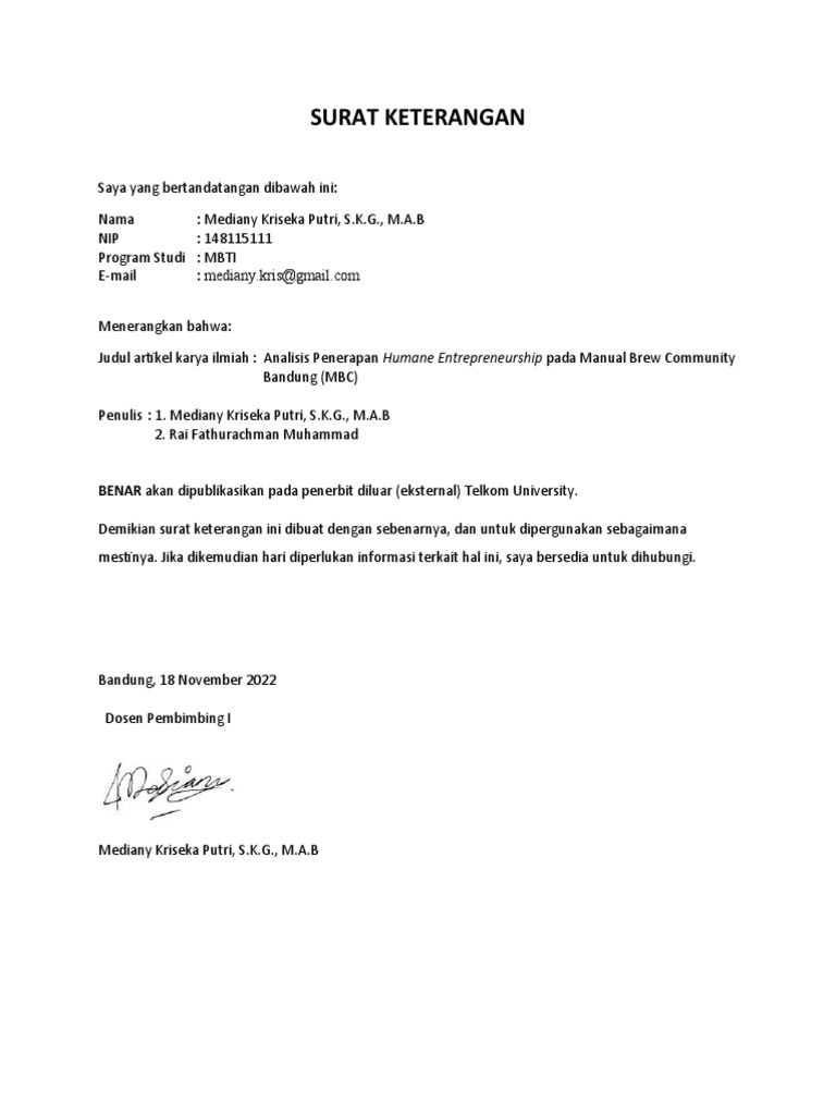 Surat Keterangan Publikasi Artikel | PDF