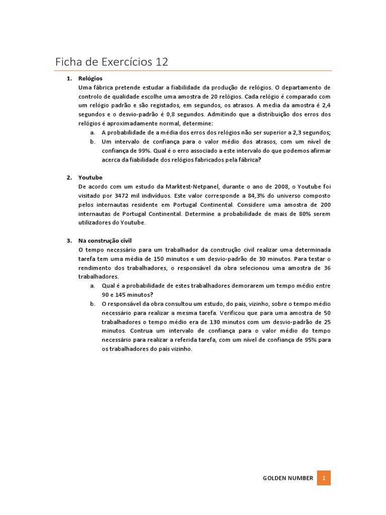 Ficha de Exercicios 12 - Inferência Estatistica | PDF | Negócios