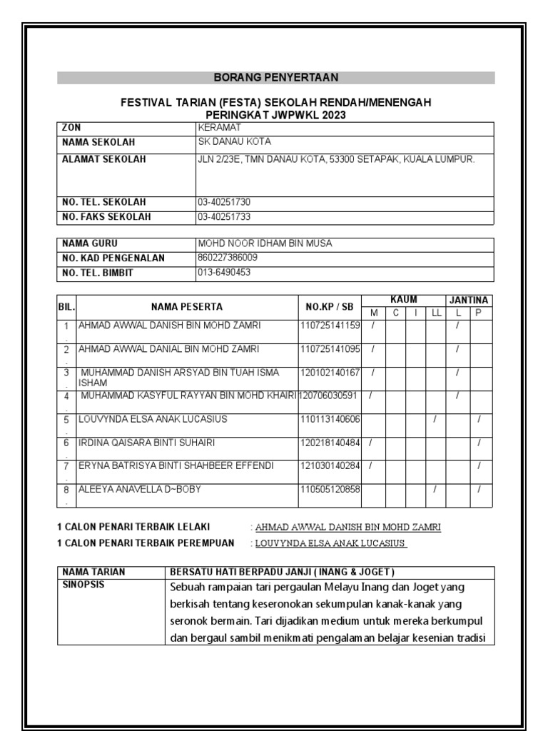 Borang Pendaftaran Festa SR SM JPWPKL 2023 | PDF