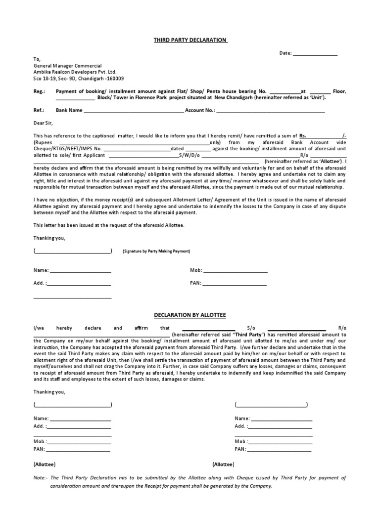 Third Party Declaration Format | PDF | Payments | Receipt