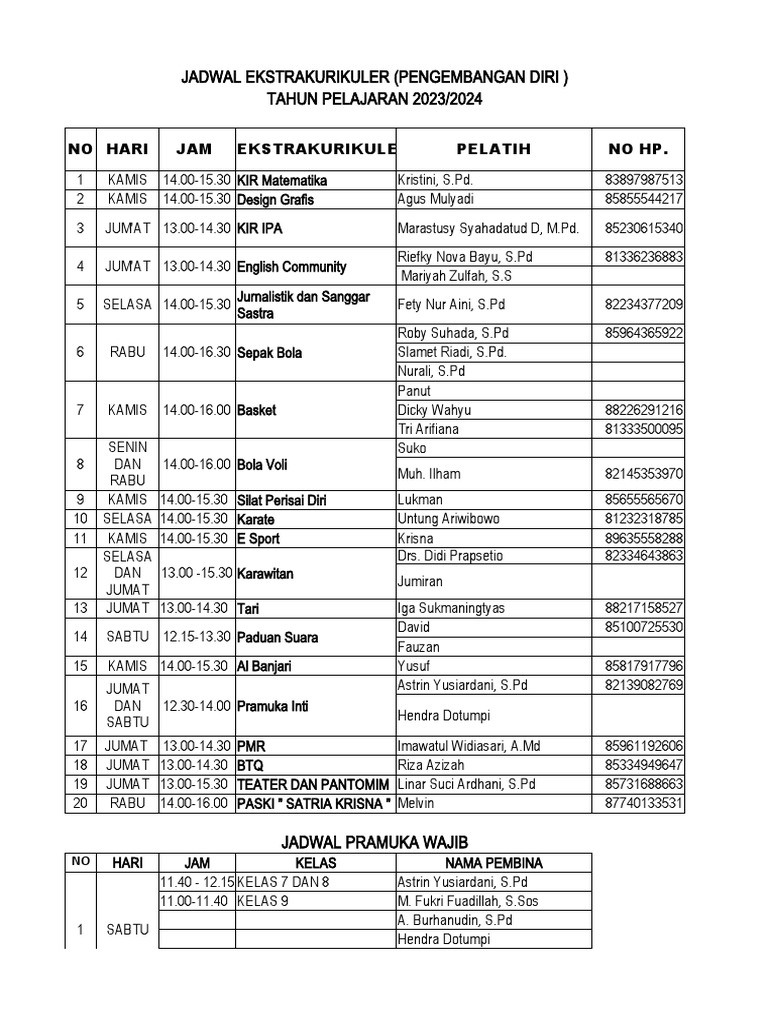 JADWAL EKSTRAKURIKULER 2023 | PDF