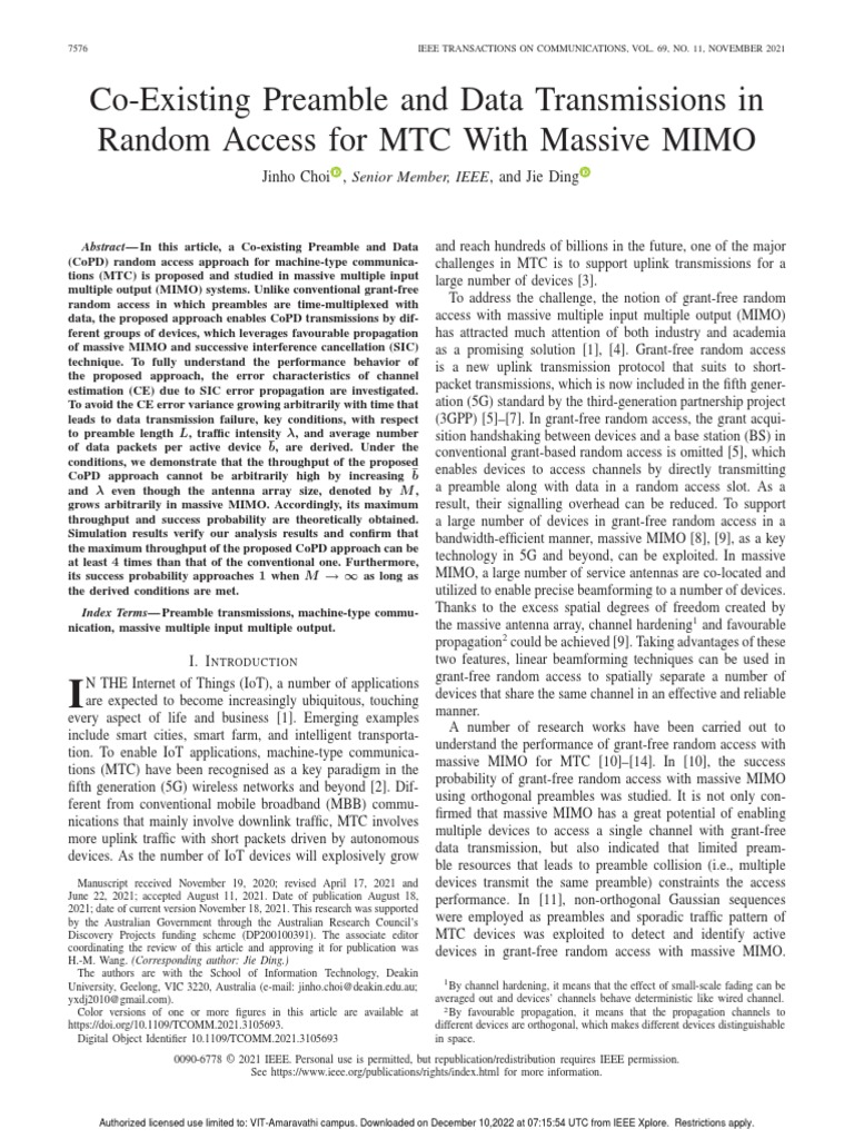 Co-Existing Preamble and Data Transmissions in Random Access For MTC With Massive MIMO | PDF ...
