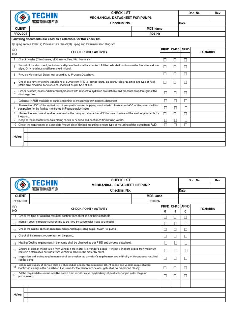 TIPL-ES-CL-002 - MDS of Pump - Checklist | PDF | Pump | Mechanical ...