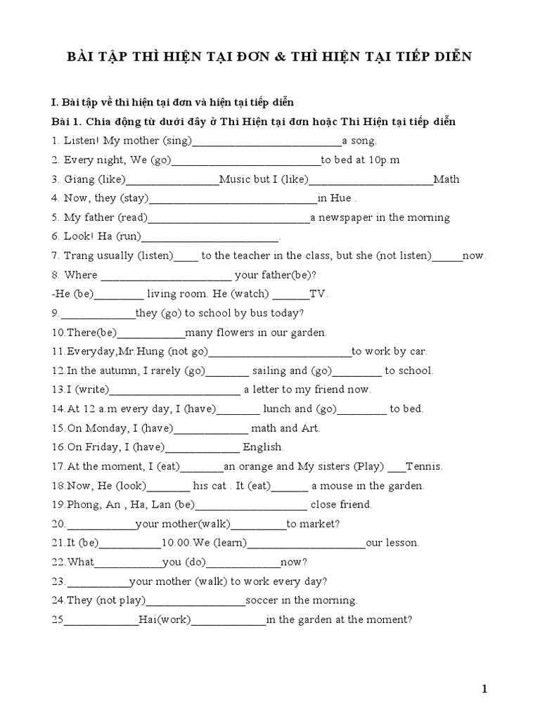 Bai Tap Ket Hop Thi Hien Tai Don Va Hien Tai Tiep Dien | PDF | Language Arts & Discipline