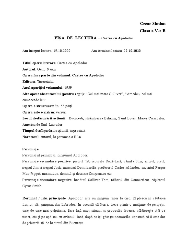FIŞĂ DE LECTURĂ Cartea Cu Apolodor | PDF
