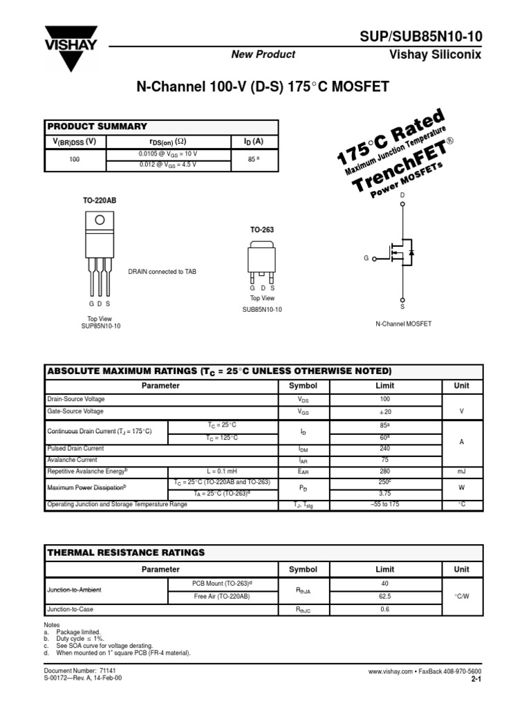 Transistor Sub85n10 | PDF | Field Effect Transistor | Semiconductors