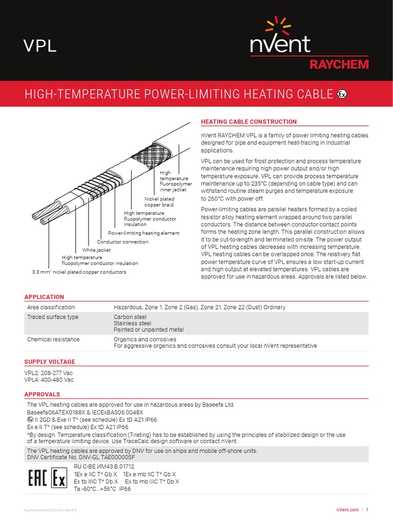 Raychem VPL High-Temperature Heating Cable | PDF | Manufactured Goods ...