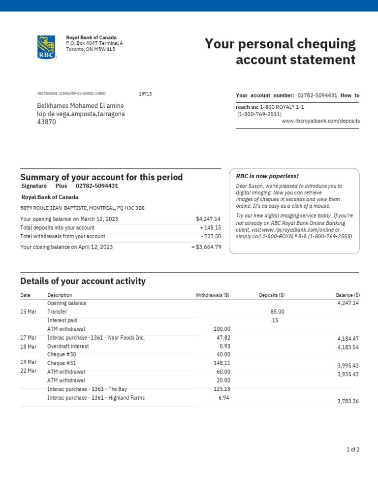 Your Personal Chequing Account Statement | PDF | Cheque | Transaction ...