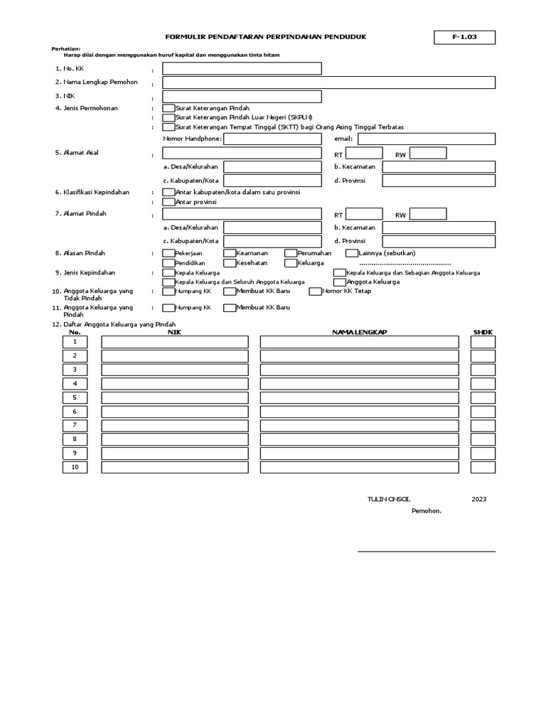 Formulir Pendaftaran Perpindahan Penduduk F-1.03 | PDF