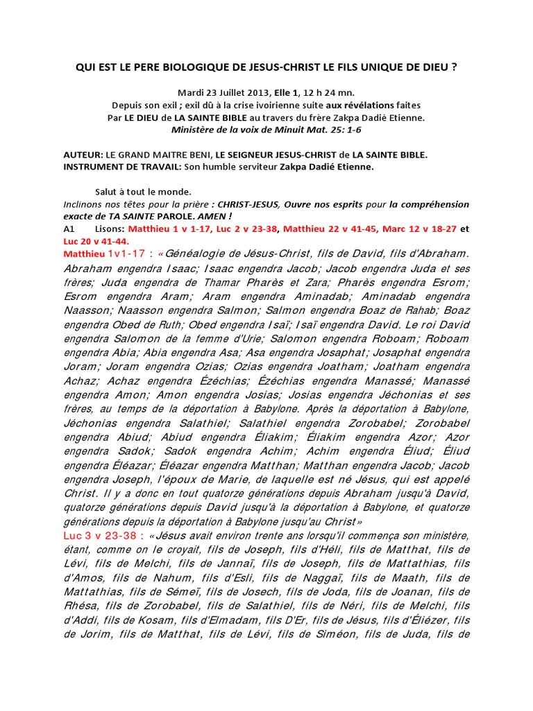Le Pere Biologique de Jesus Christ Le Fils Unique de Dieu-1 | PDF