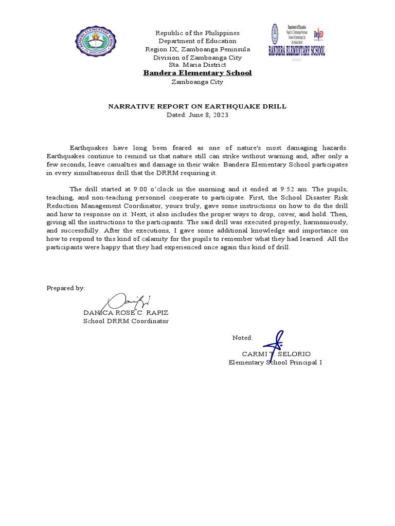 Narrative Report On Earthquake Drill 2022-23 | PDF
