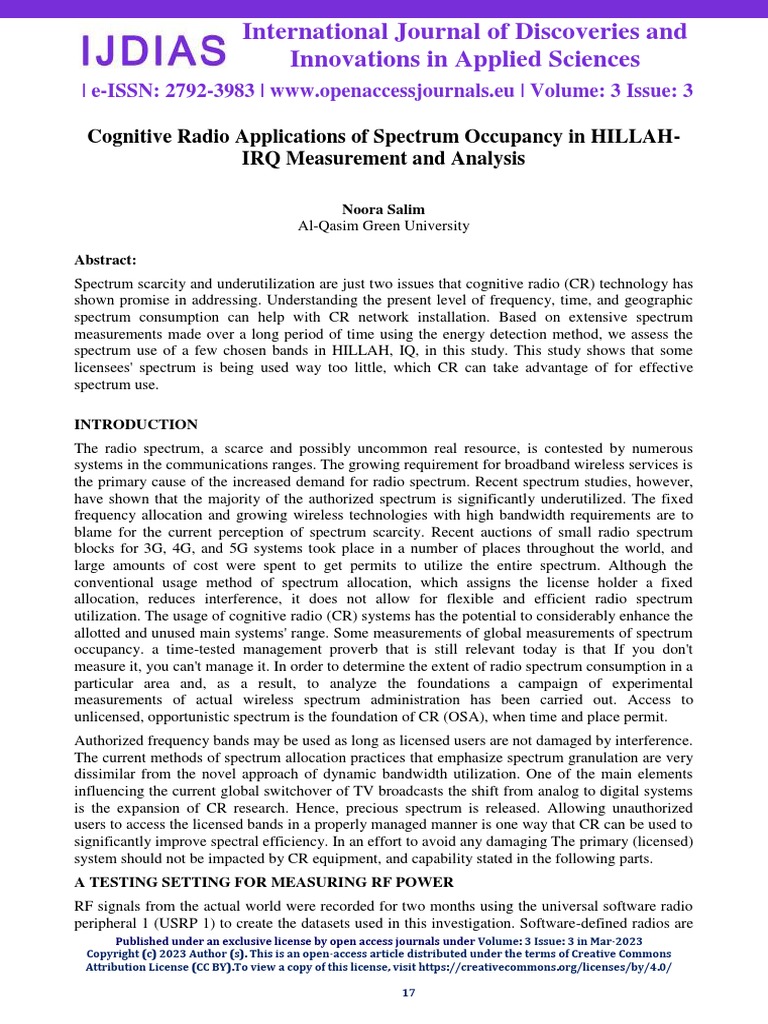 Cognitive Radio Applications Of Spectrum Occupancy In Hillah Irq Measurement And Analysis Pdf