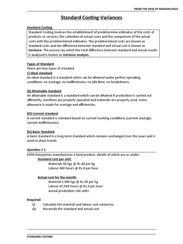 Standard Costing and Variance Analysis | PDF | Cost | Variance