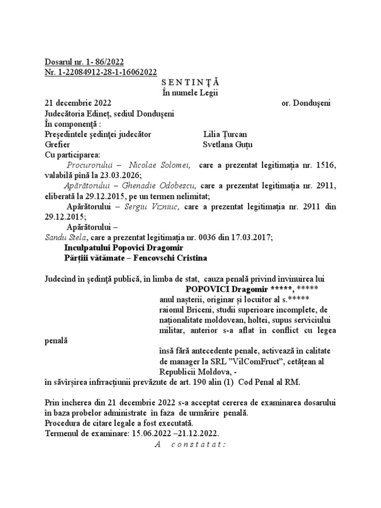 Sentinta Popovici Dragomir Escrocherie | PDF