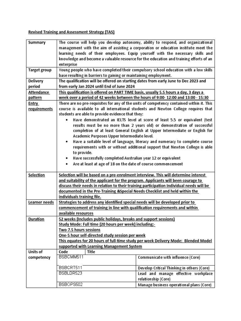 Revised Training and Assessment Strategy | PDF | Learning | Cognition