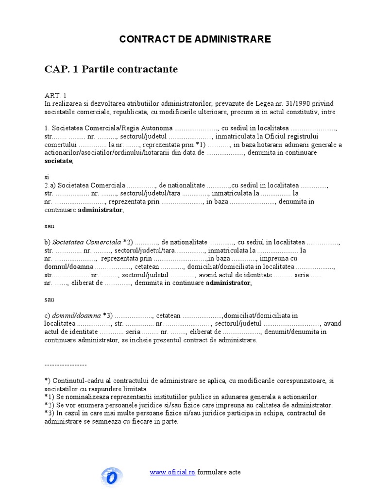 CONTRACT DE ADMINISTRARE SOCIETATE Model Actualizat 2023 | PDF