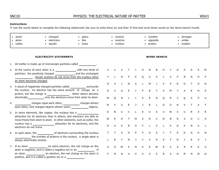1DPHYS - Word Search (Electrical Nature of Matter) | PDF