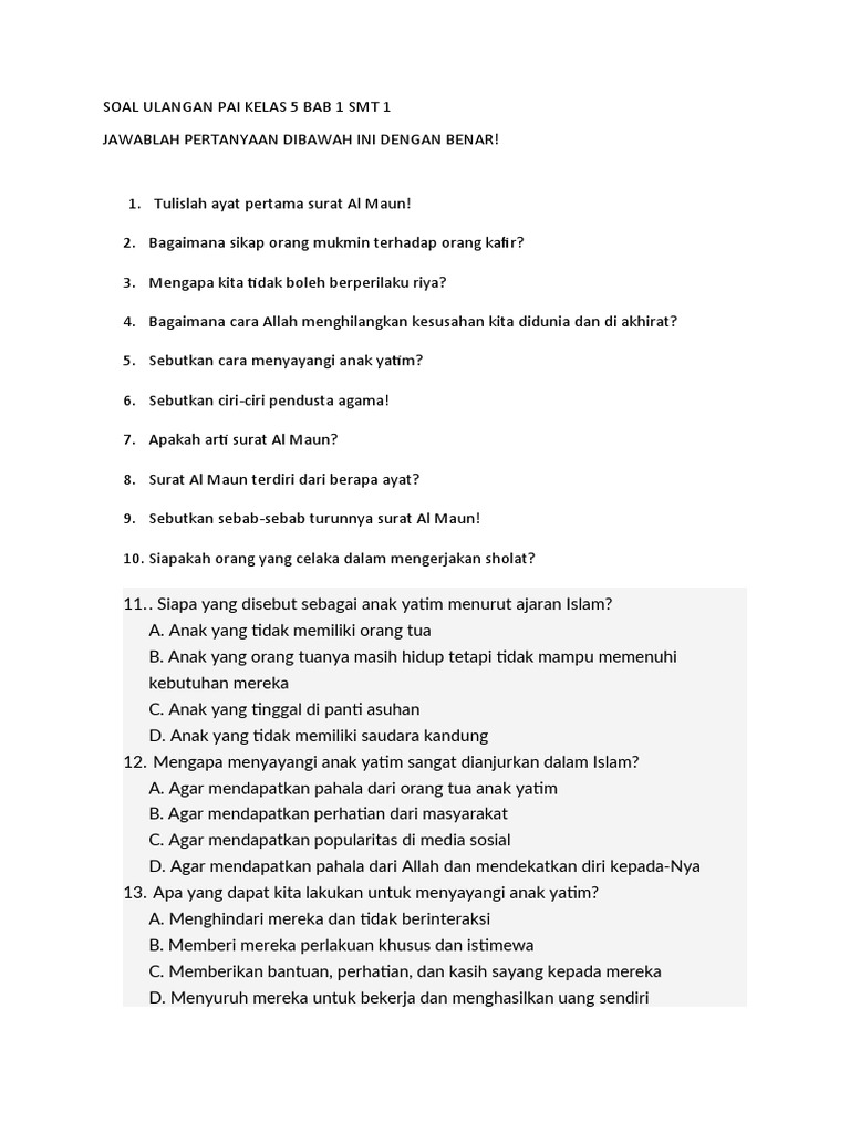 SOAL ULANGAN PAI KELAS 5 BAB 1 SMT 1 | PDF