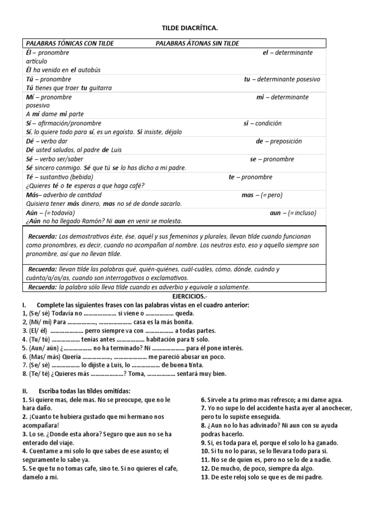 Tilde Diacritica Ejercicios | PDF