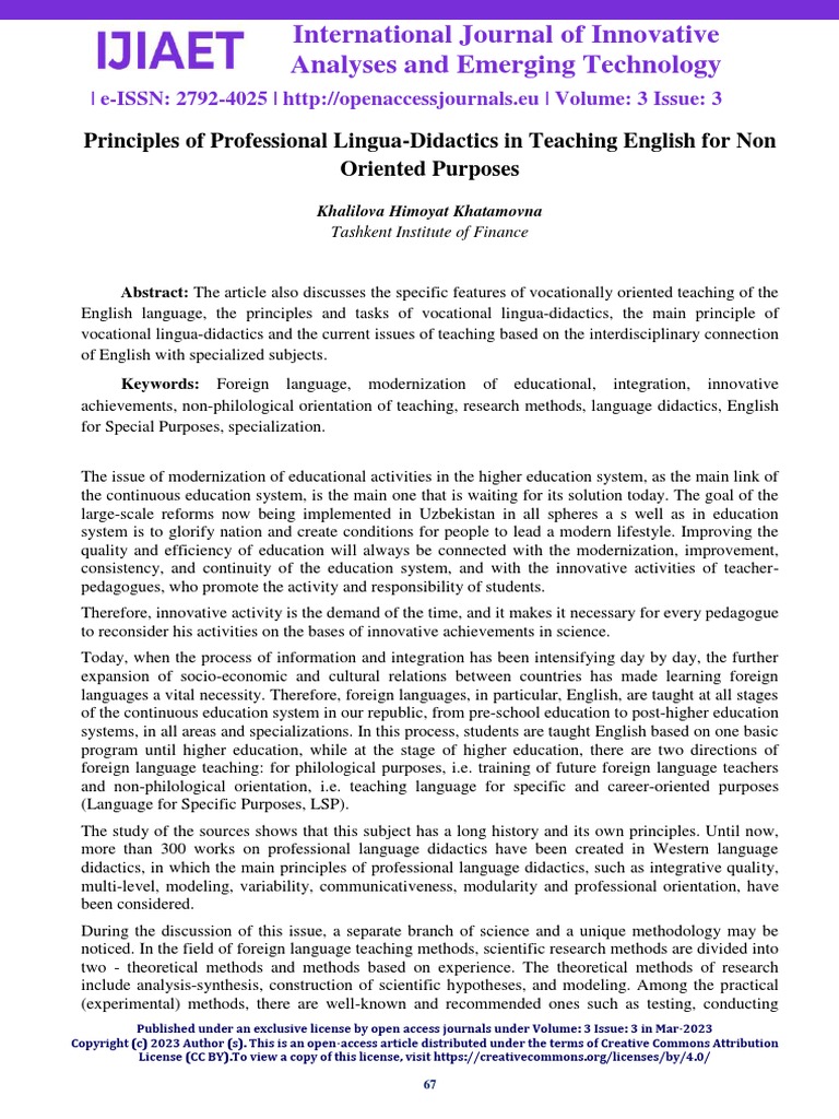 Principles Of Professional Lingua Didactics In Teaching English For Non Oriented Purposes Pdf 