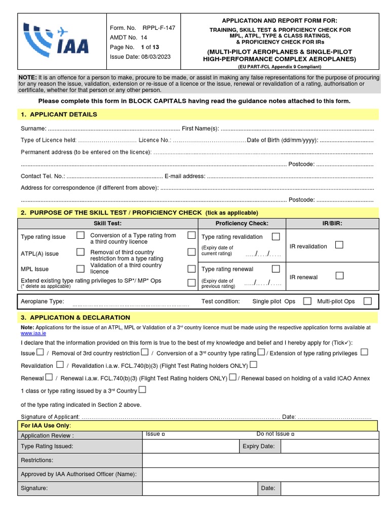 Application and Report Form For Atpl MPL Type Rating Skill Test or ...