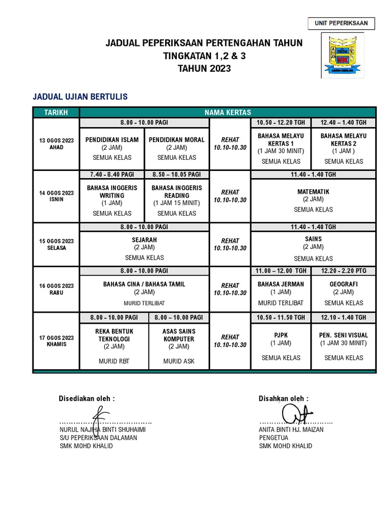 Jadual Peperiksaan 2023 Tingkatan 1-5 | PDF