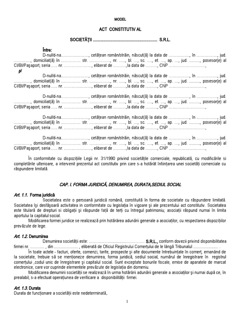 Model Act Constitutiv SRL | PDF