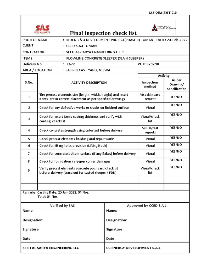 Final Inspection Checklist for Precast Elements | PDF