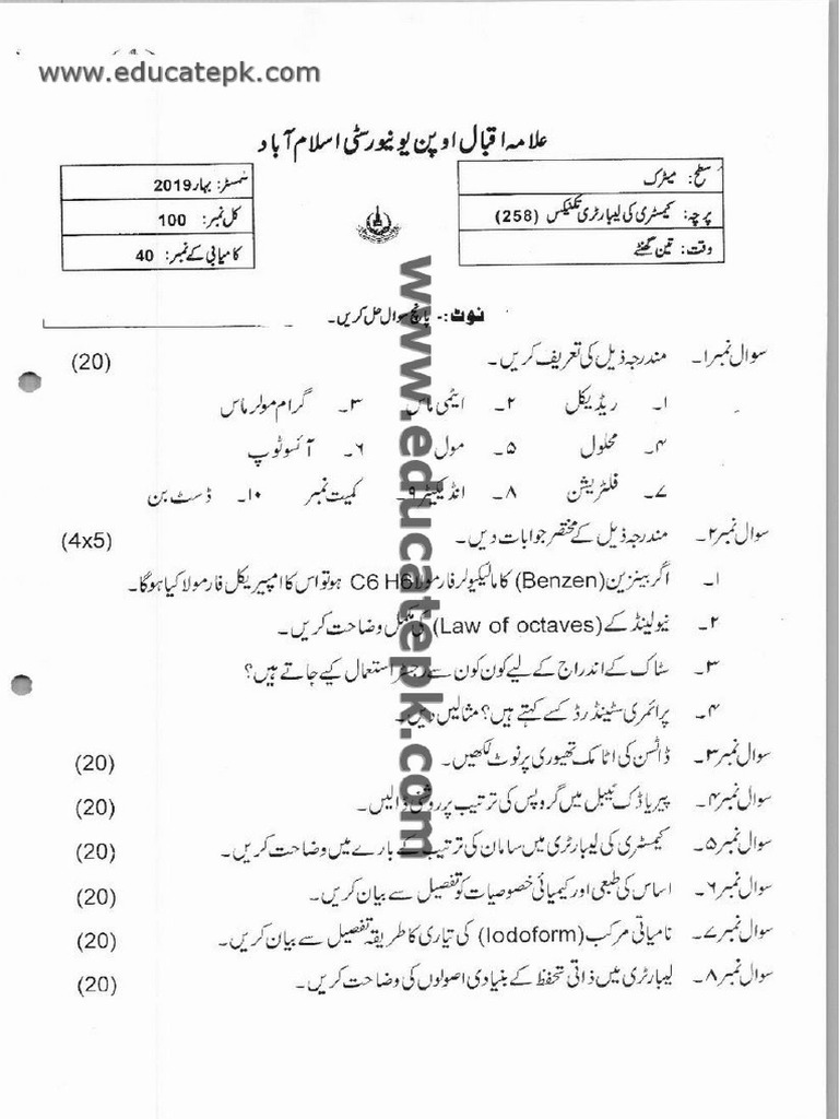 AIOU Code 258 Matric Past Paper Spring 2019 | PDF AIOU Code 258 Matric Past Paper Spring 2019 | PDF