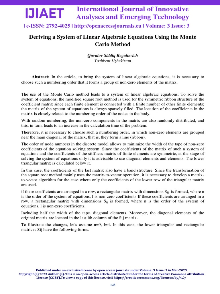 Deriving A System Of Linear Algebraic Equations Using The Monte Carlo Method Pdf