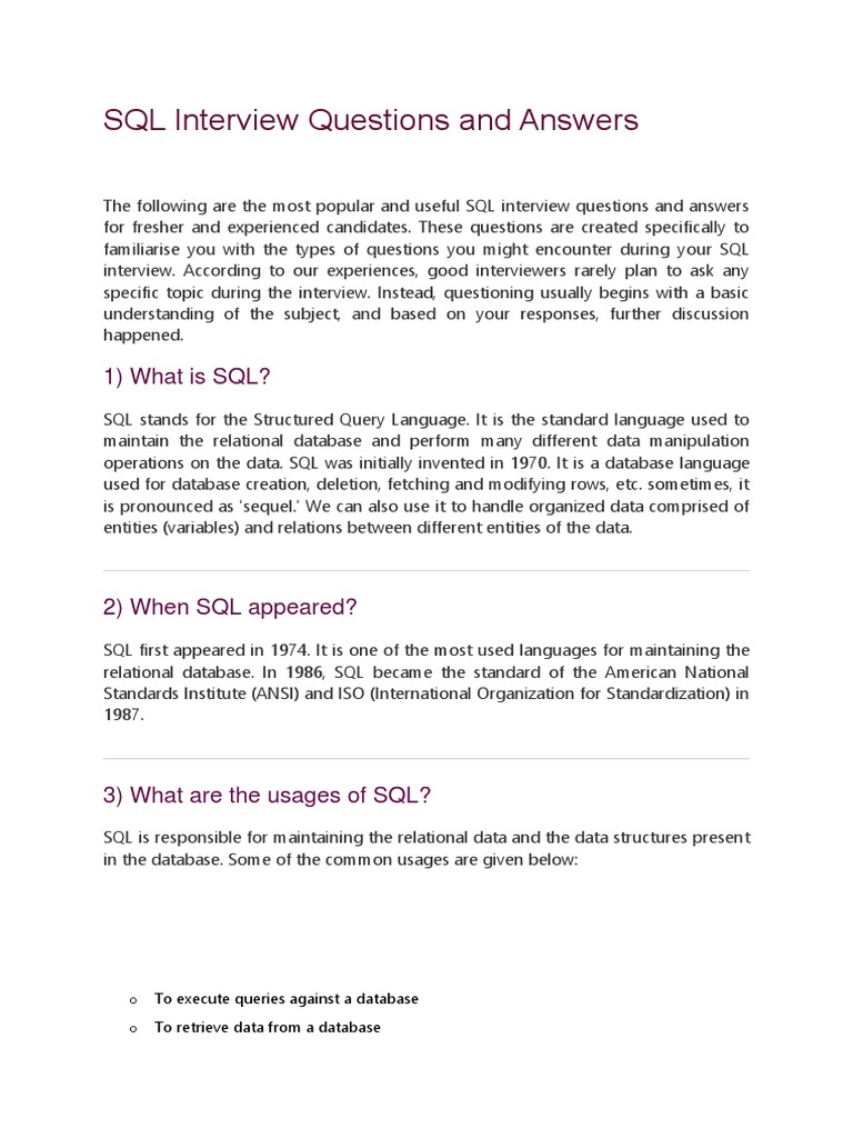 Sql Interview Questions And Answers Pdf Database Index Relational Database 