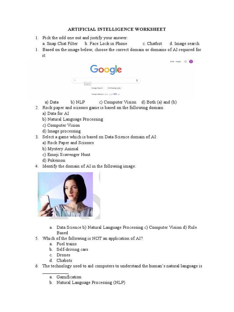 Artificial Intelligence Worksheet | PDF | Artificial Intelligence | Intelligence (AI) & Semantics