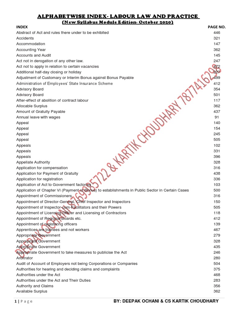 LABOR LAWS INDEX - Alphabet Wise New Syllabus | PDF