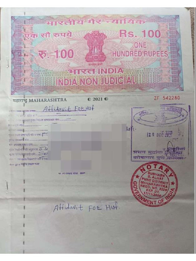 Sample Copy With Rs. 100 Stamp PaperHUF Deed | PDF