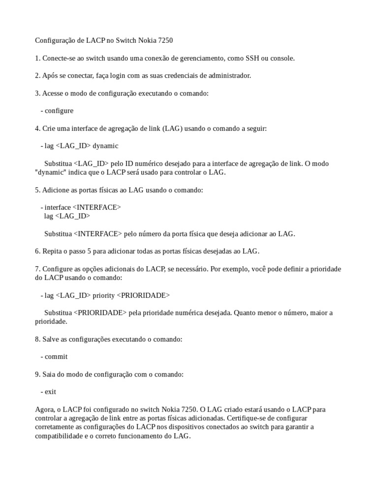 Configuração LACP no Switch Nokia 7250 | PDF