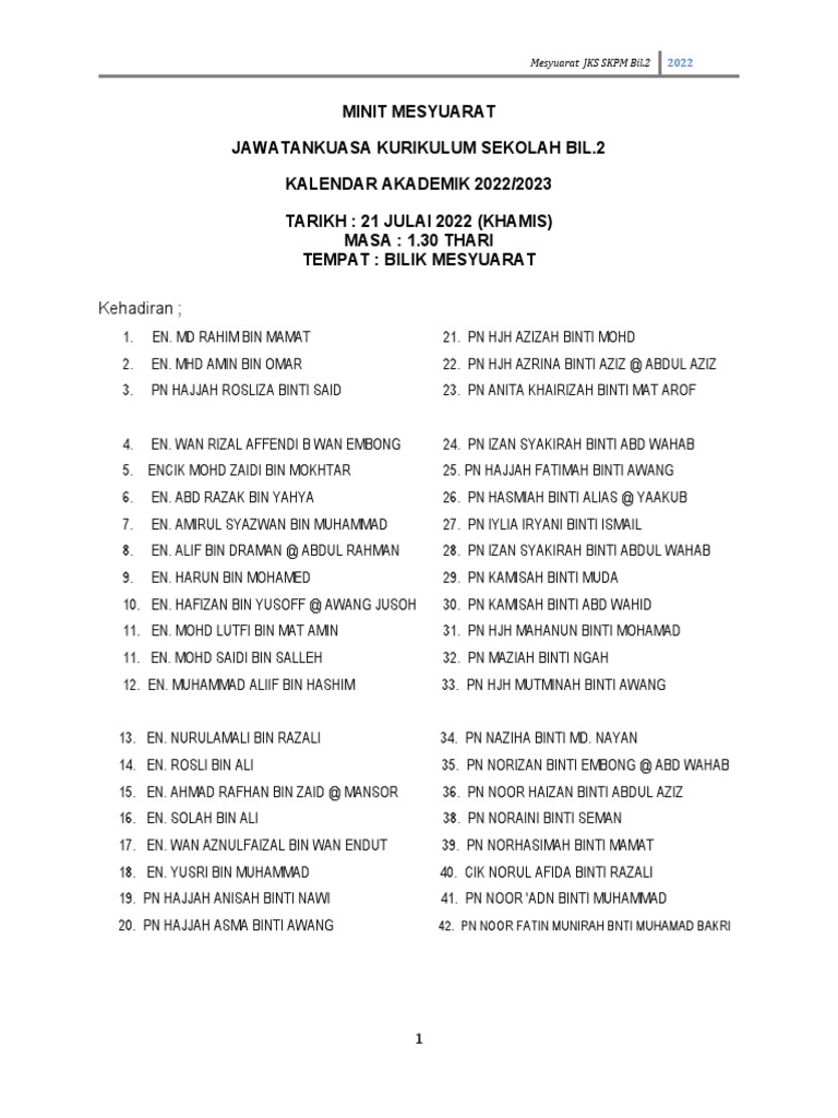 Minit Mesyuarat JKS Bil.2 2022 SKPM | PDF