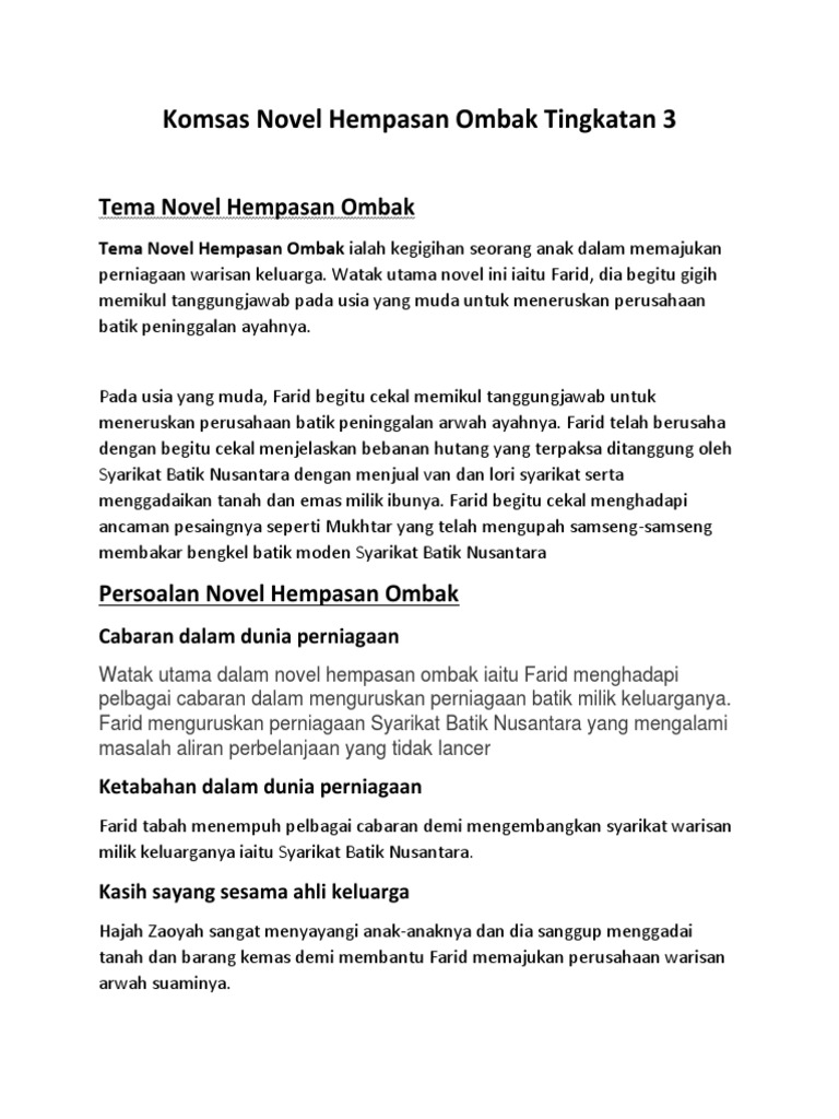 Komsas Novel Hempasan Ombak Tingkatan 3 | PDF