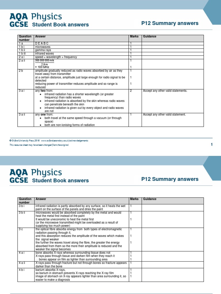 AQA Physics GCSE Combined P12 Summary Answers | PDF | Electromagnetic ...