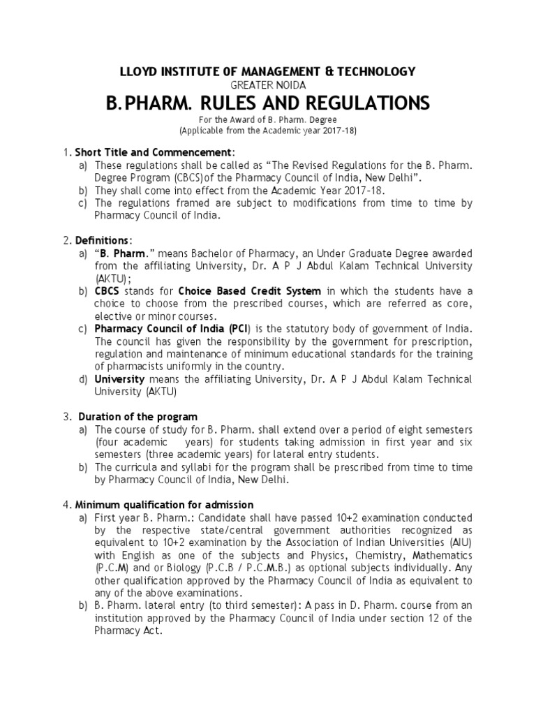 B Pharm Rules Regulations | PDF